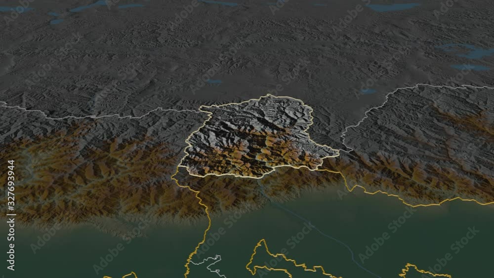 Sikkim, state with its capital, zoomed and extruded on the relief map ...