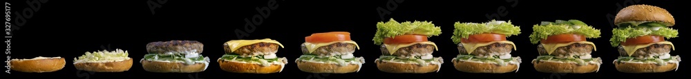 Process making of burger, step by step isolated on black background ...