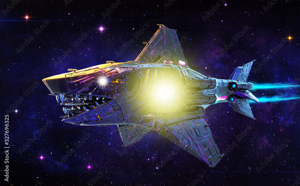 Abstract 3d illustration of a spaceship shaped like a shark in space ...