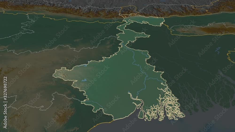 West Bengal, state with its capital, zoomed and extruded on the relief ...