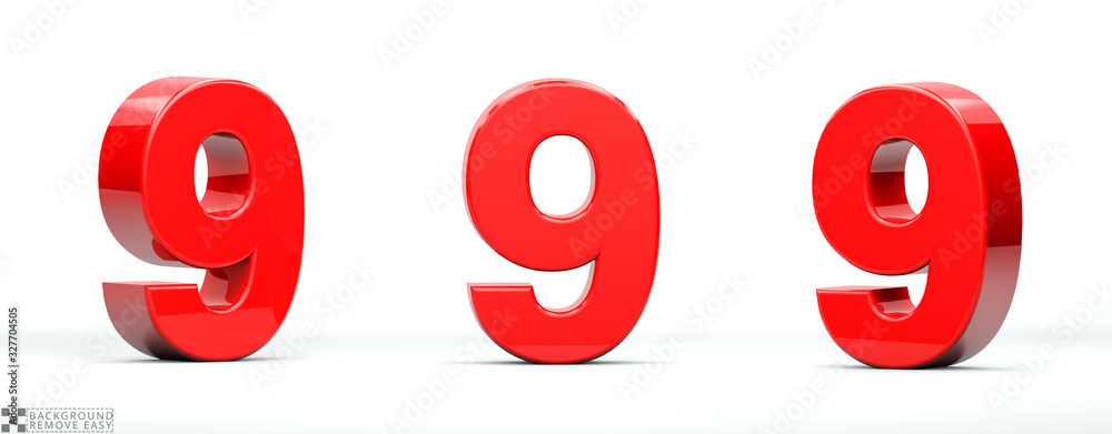 Number 9 of red color in 3 positions. 3d Render illustration at ...