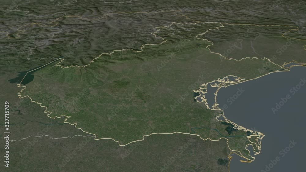 Veneto, region with its capital, zoomed and extruded on the satellite ...