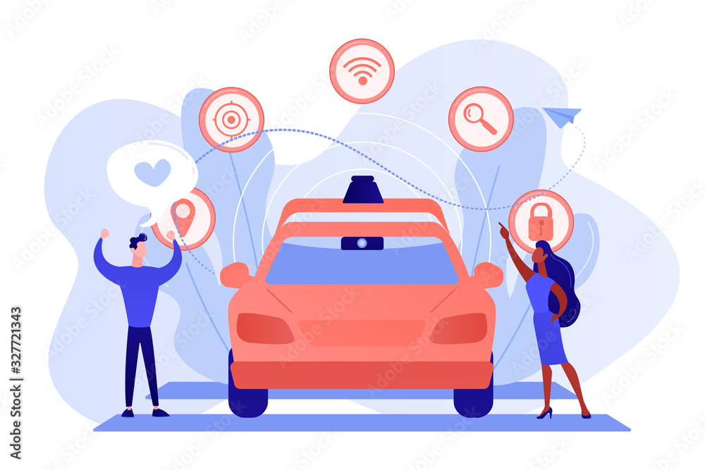 Businessman likes autonomous driverless car with smart technology icons ...