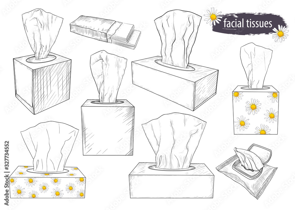 Poster .A set of sketches of tissue boxes . Facial tissues, wet wipes ...