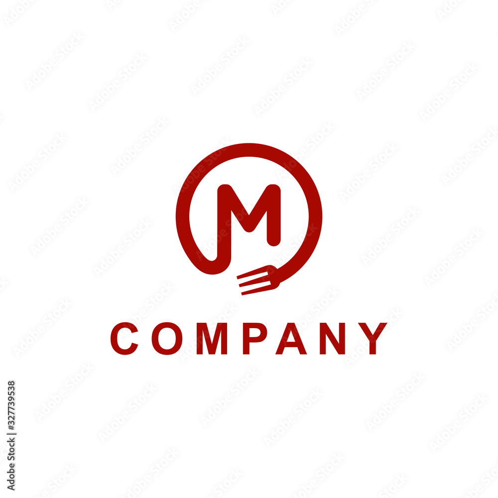 initial m letter with fork and plate restaurant concept logo design ...