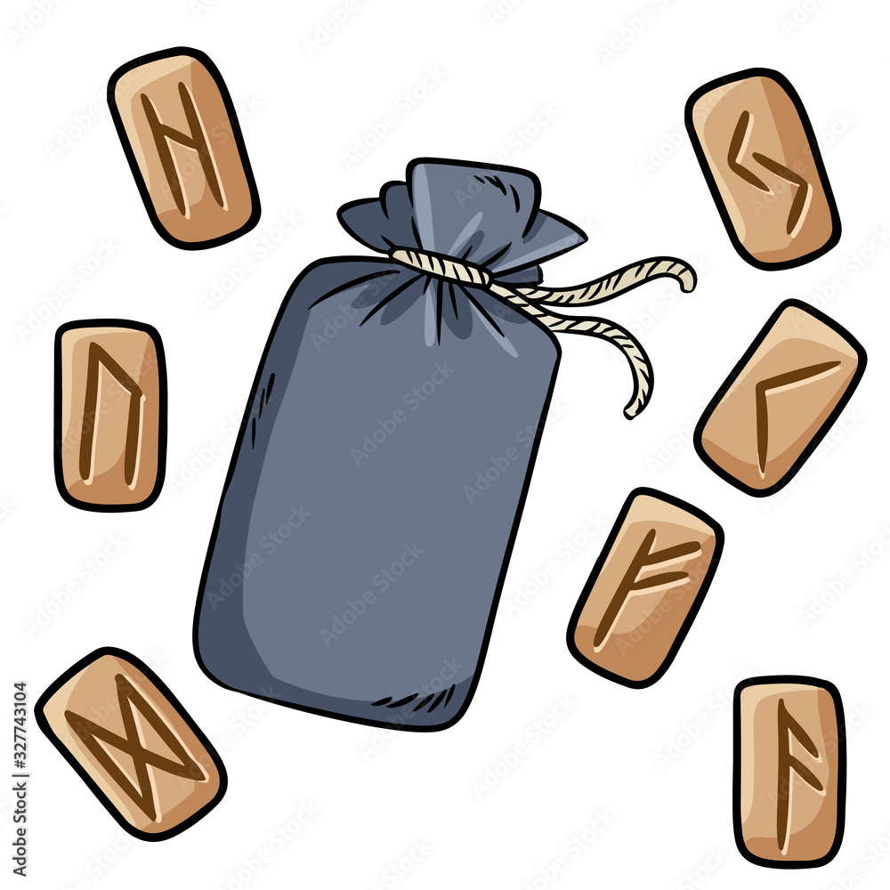 Set of wooden runes and cotton pouch bag. Collection of hand drawn ...