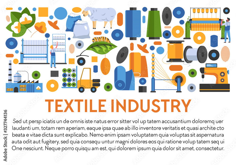 Textile industry banner with fabrics manufacturing icons and text Stock ...