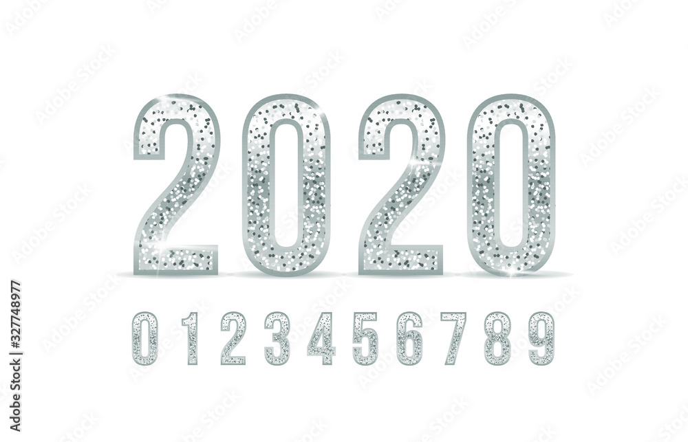 2020. Silver numbers fonts. Vector illustration. Elegant numbers silver ...