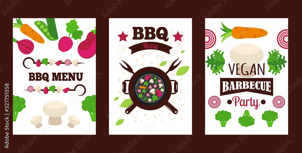 Vegetarian barbecue banner, vegan grill menu cover template, set of ...