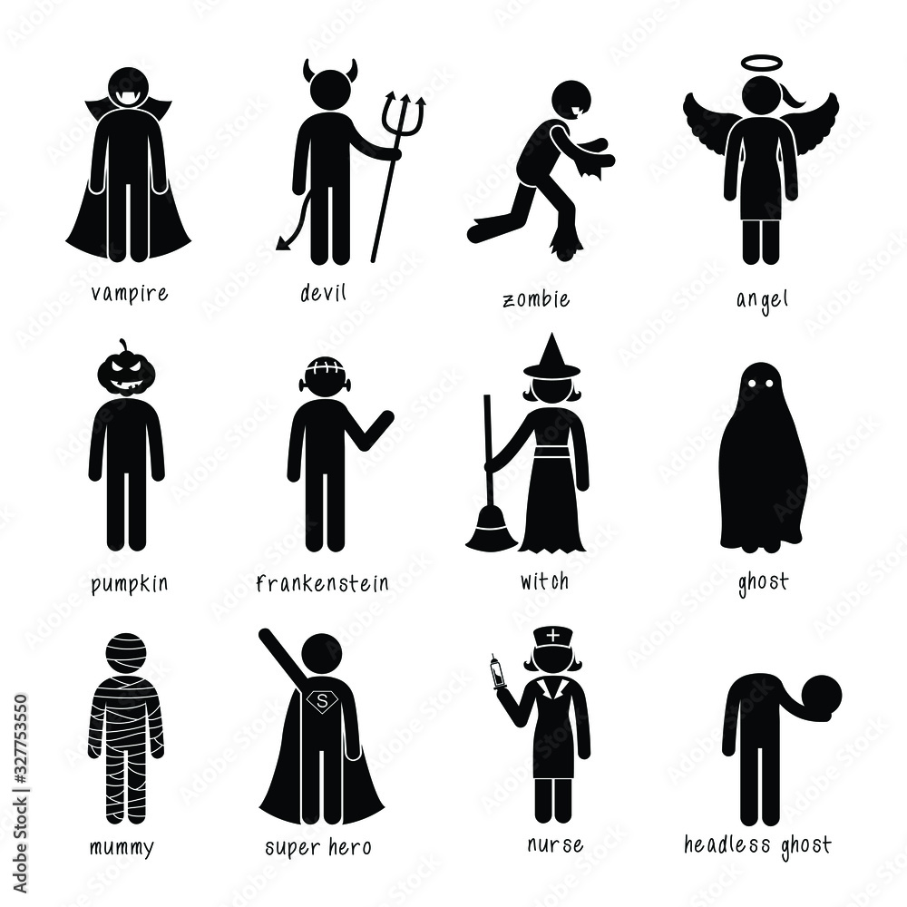 Stockvector Stickman Monsters Halloween Vampire, Devil, Witch, Ghost ...