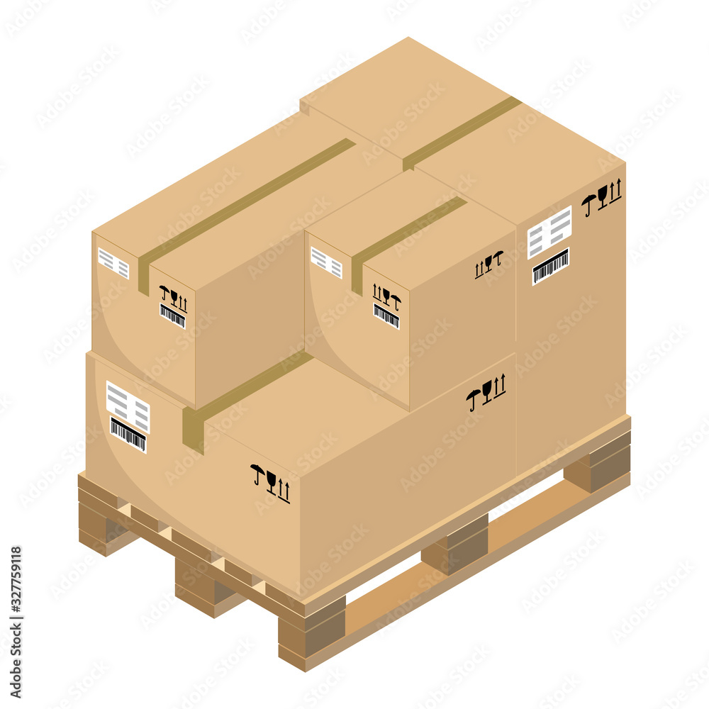 Cardboard boxes on a pallet. Isometric design. Vector illustration ...