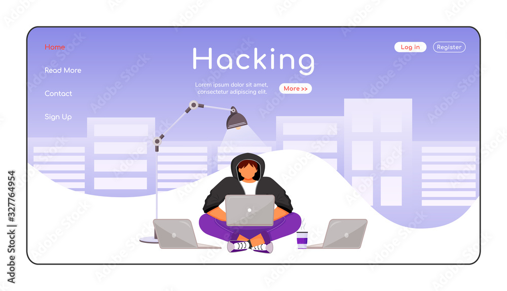 Computer hacking landing page flat color vector template. Hacker ...