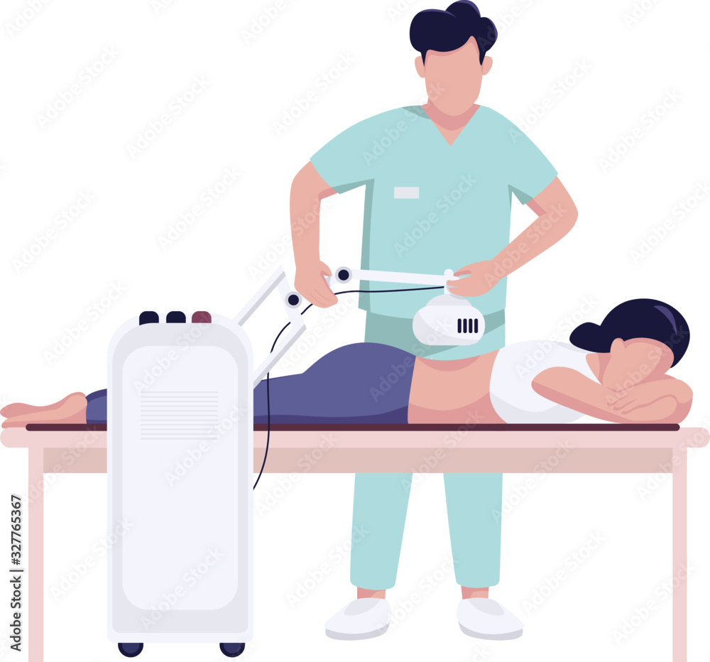 Woman back pain treatment flat color vector faceless character. Spinal ...