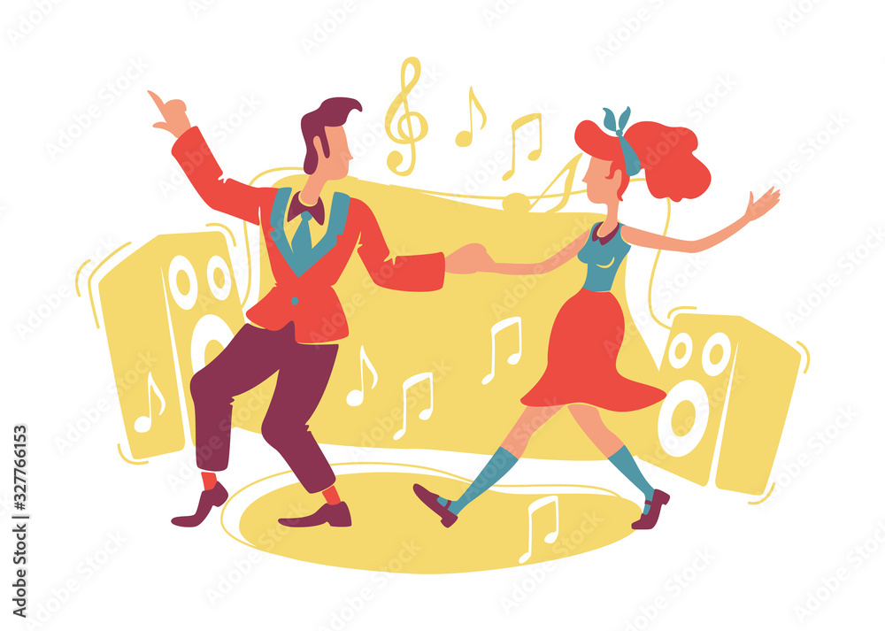 Boogie woogie dancing 2D vector web banner, poster. Rock n roll dancers ...