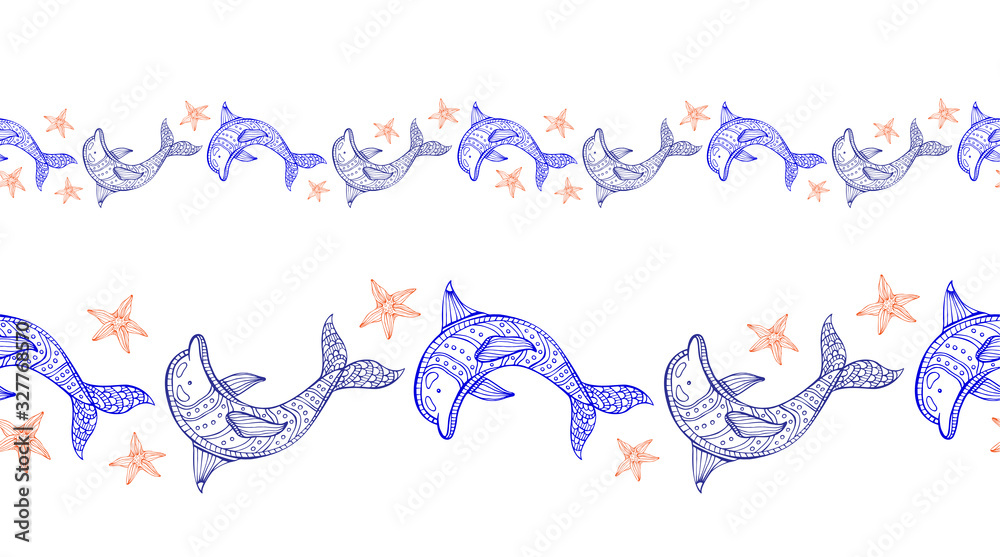 Hand drawn dolphins coloring vector border for children and adults ...