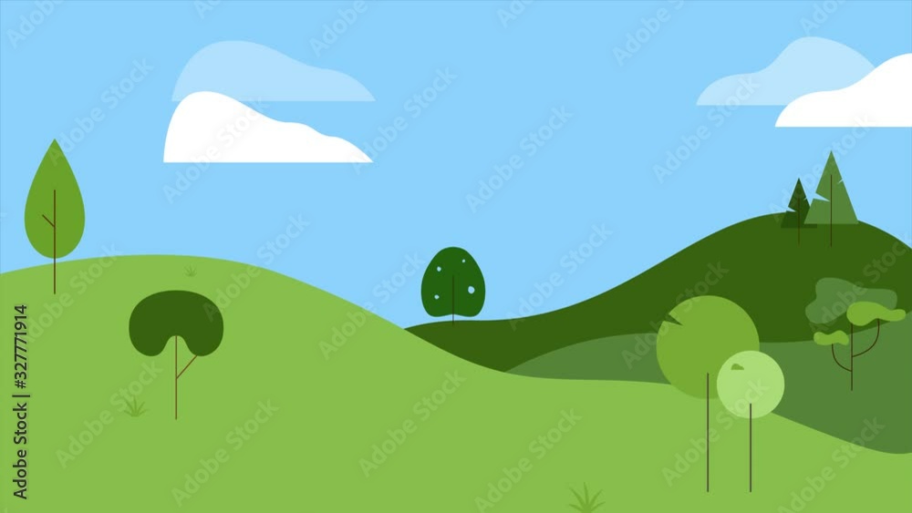 Animation of flat illustration of a nature scene with green hills and a ...