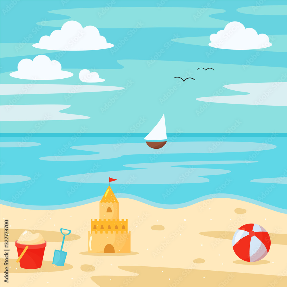 Vector cartoon beach scene with sand castle, bucket, shovel and beach ...