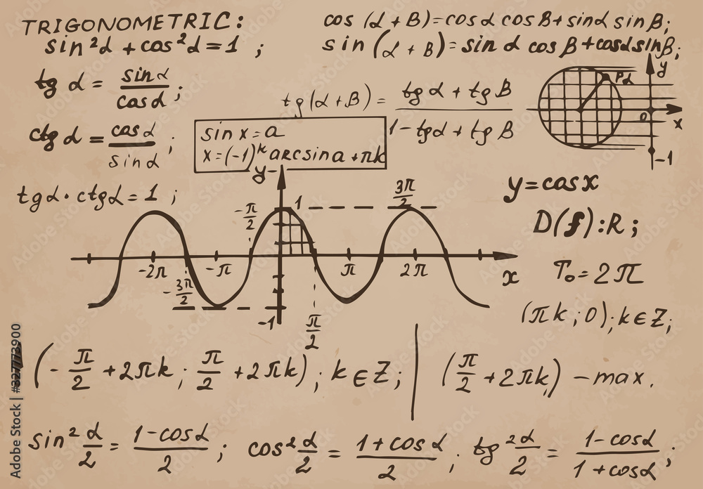 Vintage education background. Trigonometry law theory and mathematical ...