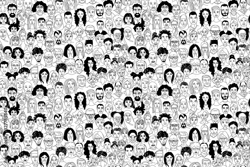 Women's men's children's portraits line drawing doodle poster seamless ...