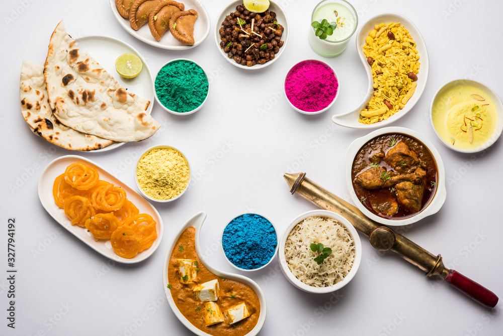 Happy Holy concept showing Indian assorted lunch food like chicken ...