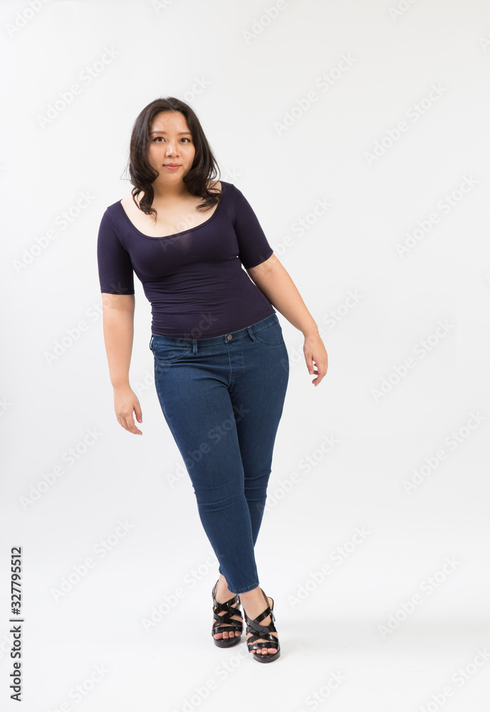 beautiful fat woman plus size model standing pose on white background ...