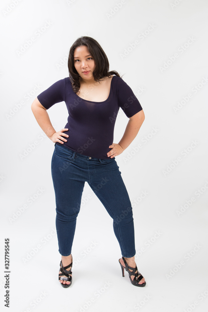 beautiful fat woman plus size model standing pose on white background ...