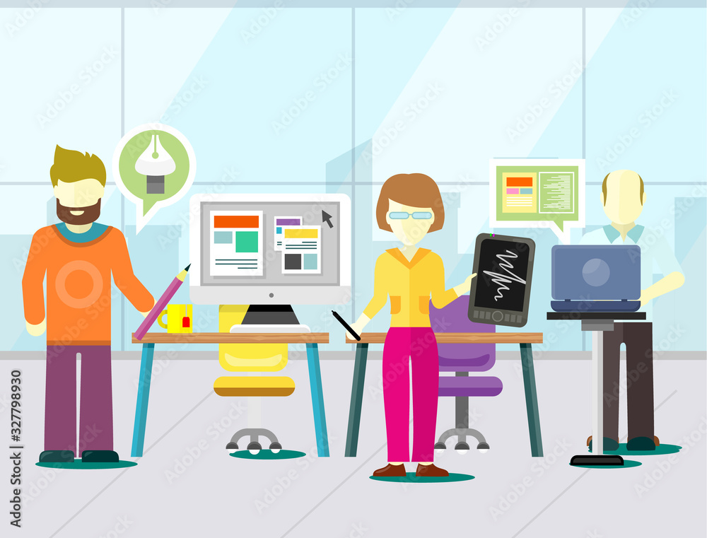 People working on development on websites and computers vector. Man web ...