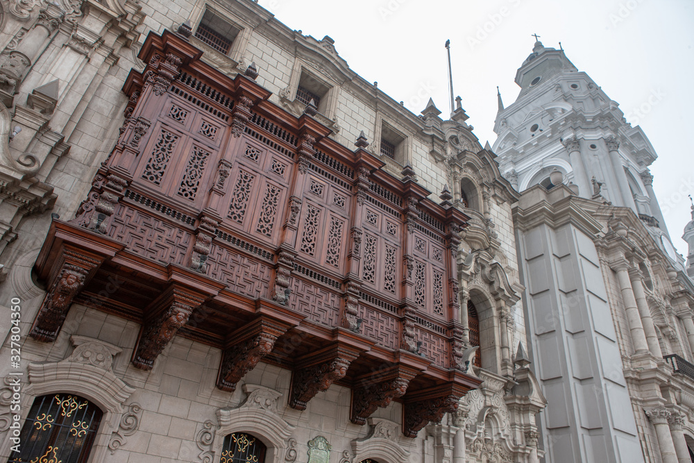 City of Lima Peru. South America. Old town. Plaza major. Balconies ...
