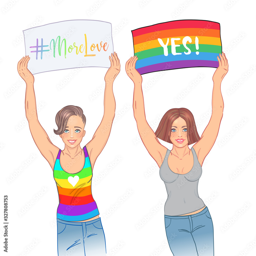 Love parade. Young female character holding rainbow colored flag ...