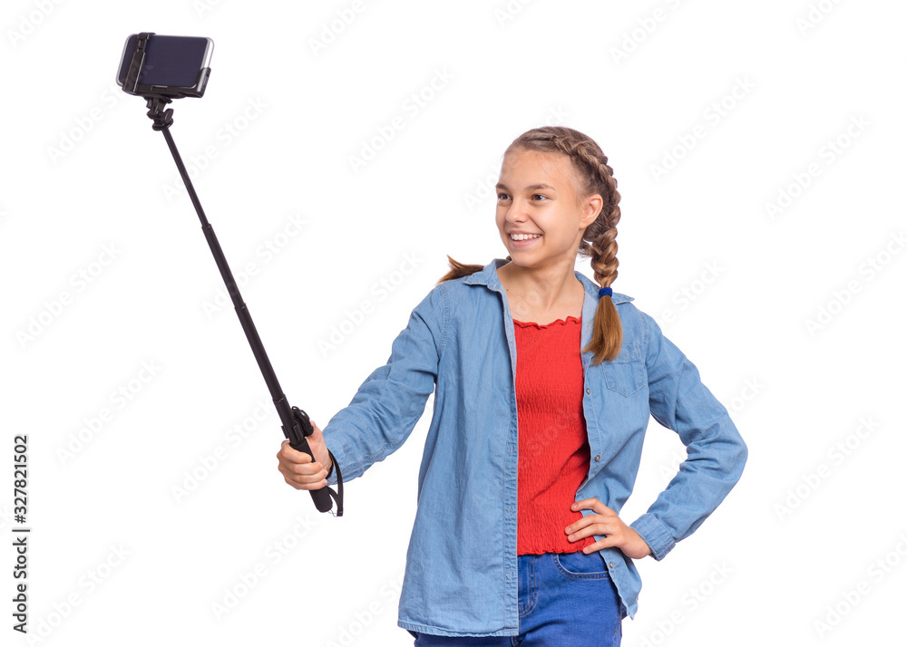 Portrait Of Beautiful Happy Teen Girl Making Selfie With Stick