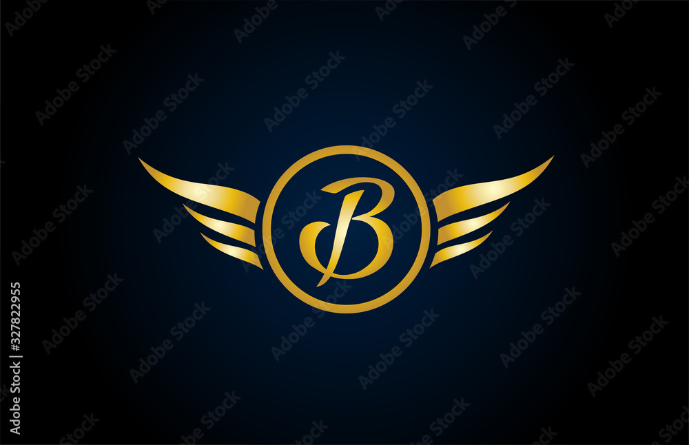 gold golden B wing wings alphabet letter logo icon with classy design ...