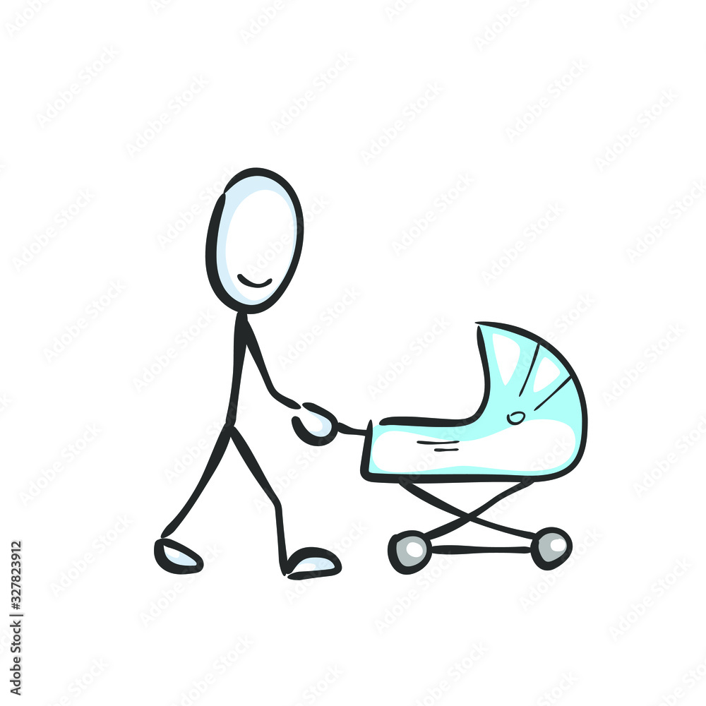 Walking with baby pram buggy. Child in stroller. Hand drawn. Stickman ...