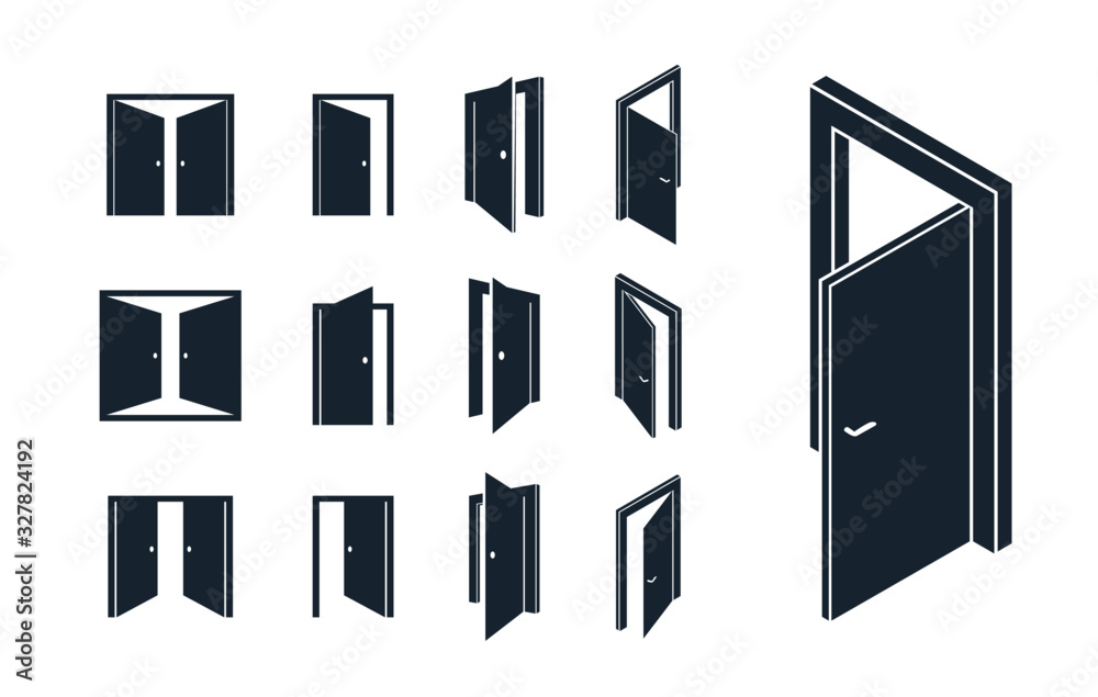 Door icons vector set, flat and 3d dimensional styles symbols, big ...