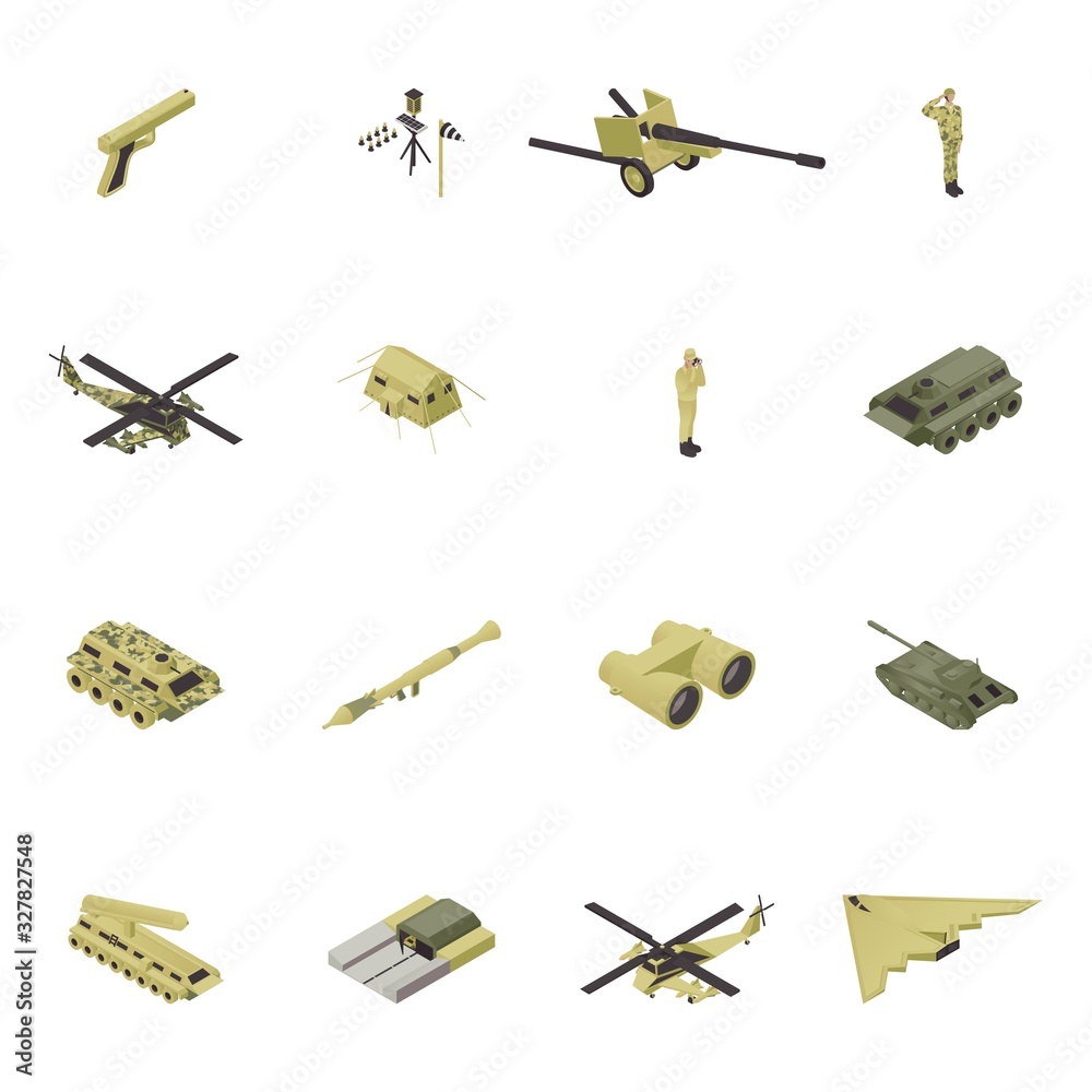 Isometric army vector illustration, military weapon for war, guns ...