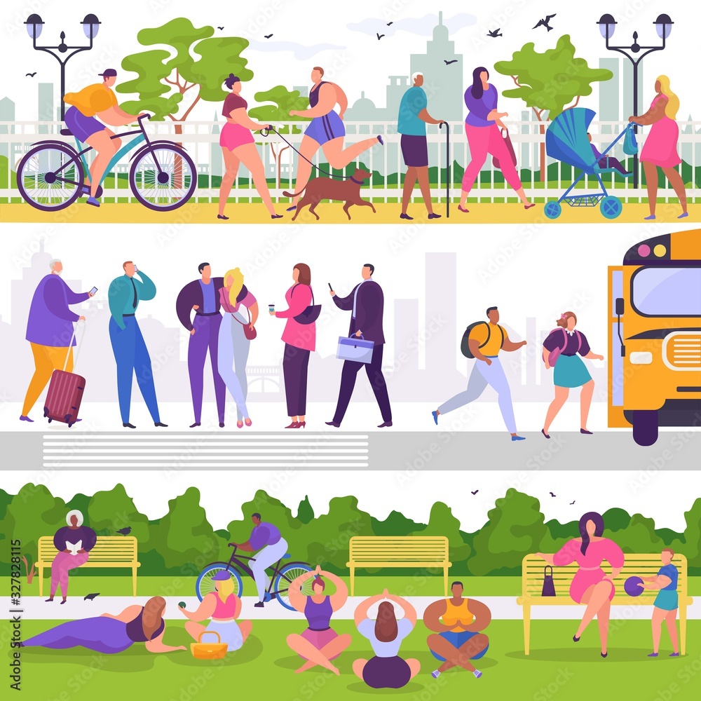 City people walking street and park vector illustrations. Cartoon woman ...