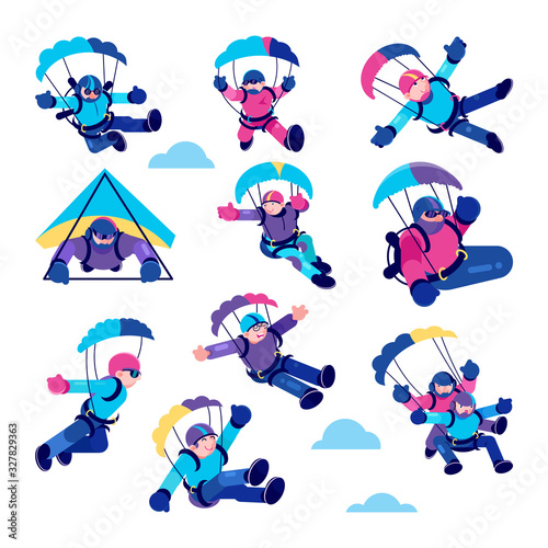 Paragliding happy people vector illustrations. Cartoon active ...