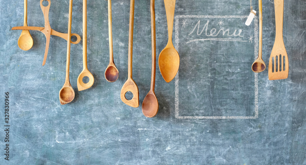 Kitchen utensils for commercial kitchen and menu template, restaurant ...