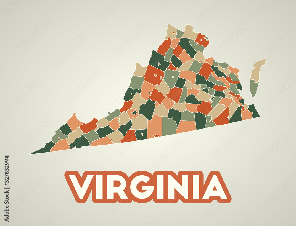 Virginia poster in retro style. Map of the us state with regions in ...