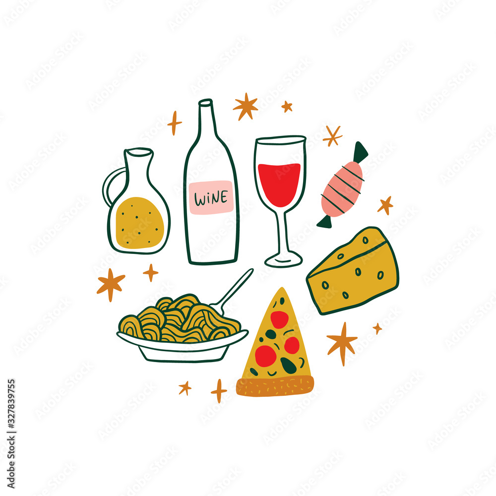 Modern cartoon colorful flat stylized Italian icons symbols, label ...