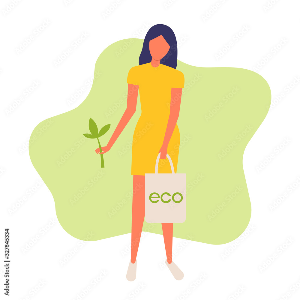 Eco-friendly women with eco fabric bag. Cute female character. Caring ...