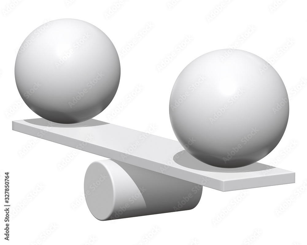 Simple seesaw scales weighing two abstract spheres. Balance, comparison ...