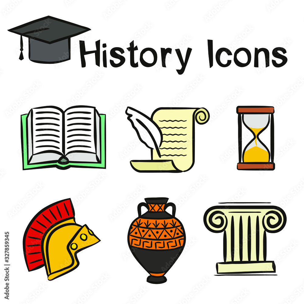 Set of hand-drawn icons on the theme of History. Pictograms of an open ...