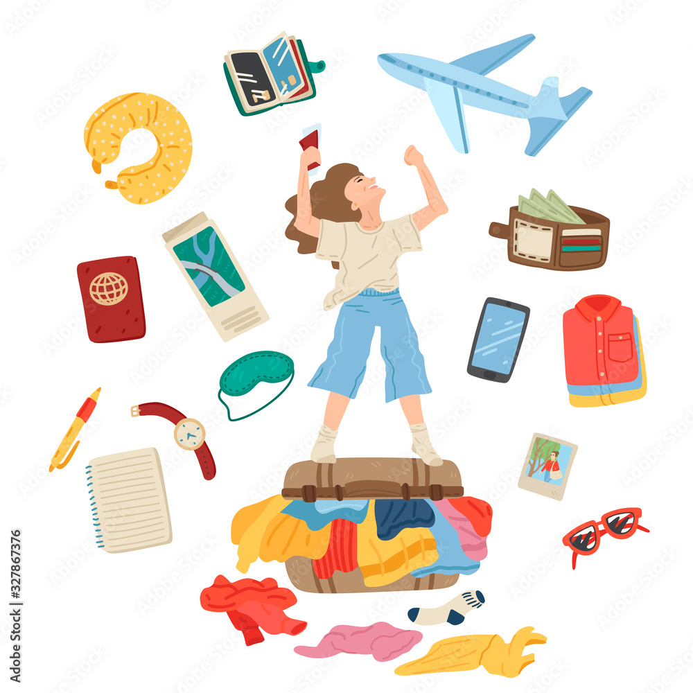 Packing suitcase for vacation. Set of travel items, Vector cartoon ...