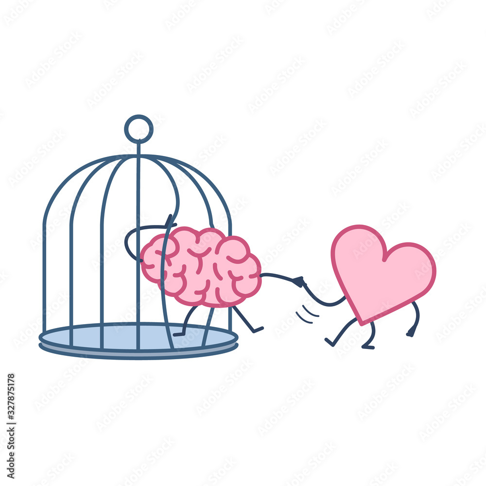 heart helping brain to escape from cage. Vector concept illustration of ...