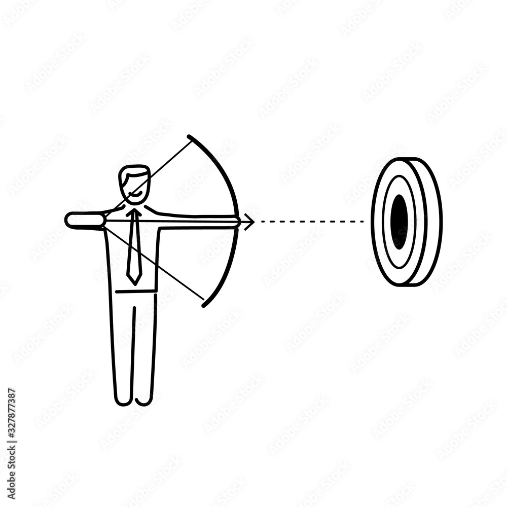 Aiming target. Vector business illustration of businessman with bow and ...