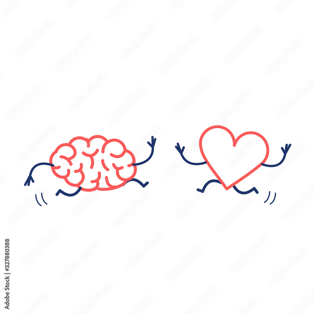 Brain and heart in love running together. Vector concept illustration ...