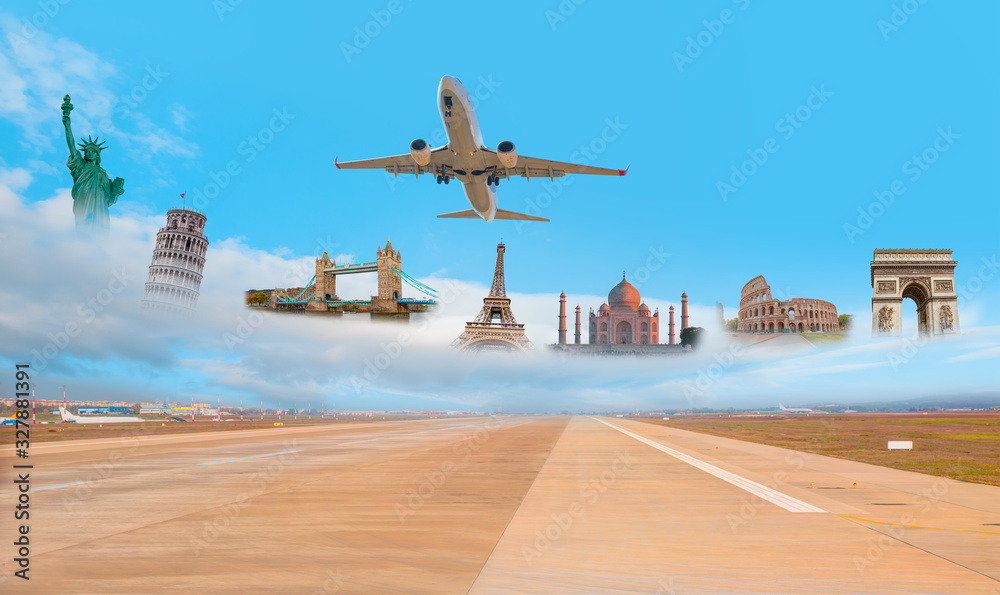 Passenger plane fly up over take-off runway airport - Famous monuments ...