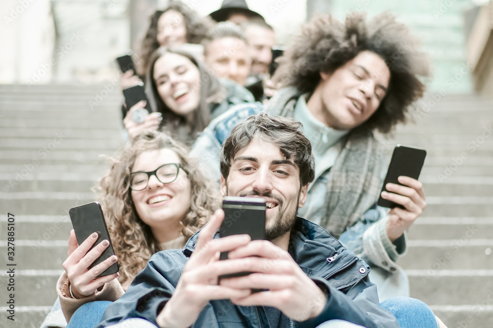 People using smart mobile phones app. Students addiction to new ...