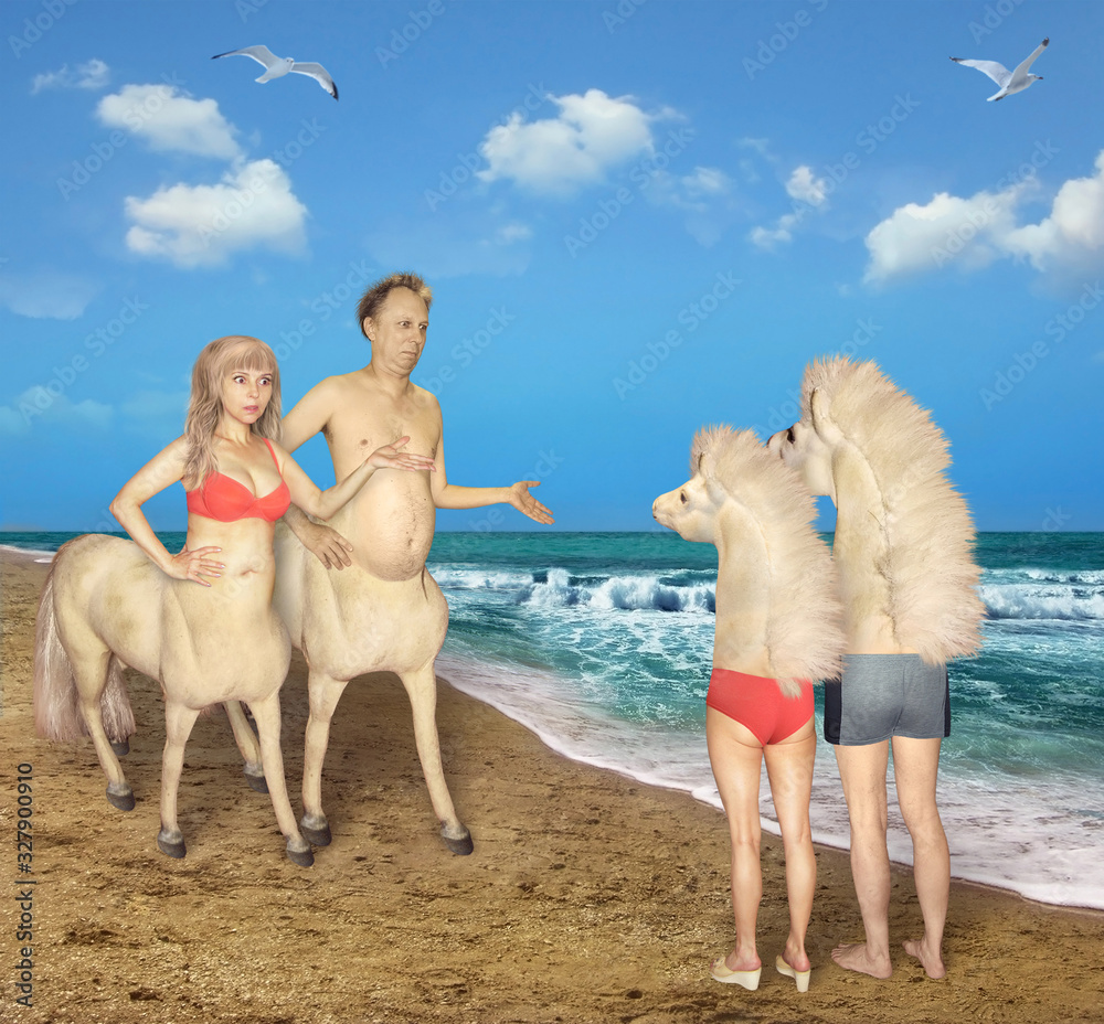 The couple of centaurs meets the strange horse on the beach of the sea. They were very confused ...