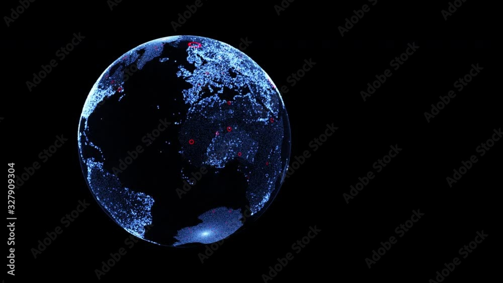 The planet Earth rotates. Red circles show the epicenters. 3D rendering ...